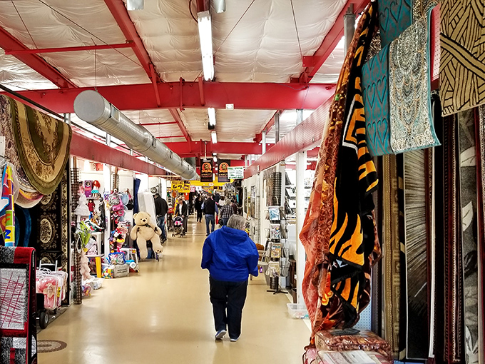 Wall-to-wall wonders! Those red beams guide you through aisles packed tighter than grandma's attic. 