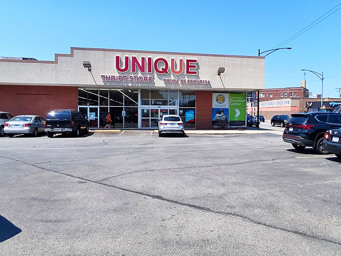 Unique Thrift Store lives up to its name with that bold red signage. A bilingual bargain paradise awaits inside!