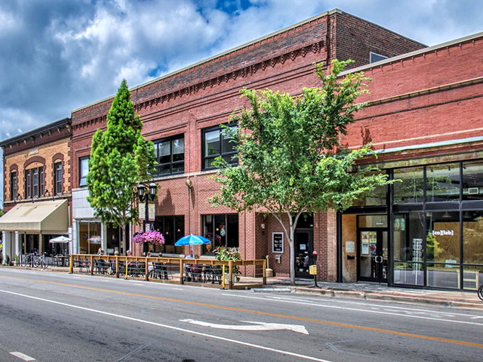 The historic Brown's Business College building in Urbana stands as a testament to the town's rich history, now home to shops where nobody rushes you.