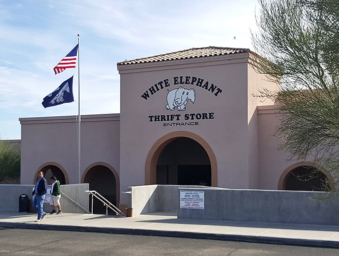 White Elephant's Spanish-style architecture and fluttering flags create a thrift experience that feels more like visiting a desert resort.