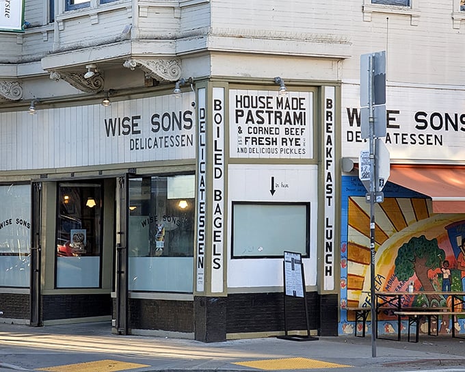 Wise Sons' classic deli fa&ccedil;ade proudly announces its house-made pastrami, a taste of Jewish tradition in San Francisco.