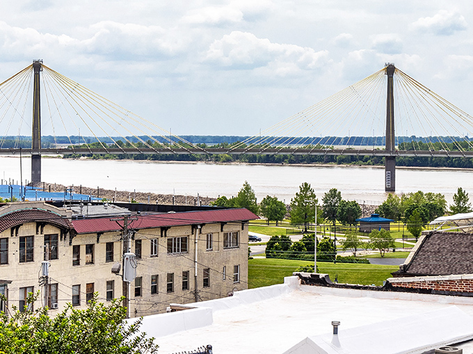 The Clark Bridge stretches across the Mississippi like a giant's necklace, connecting Alton to adventures on the other shore.
