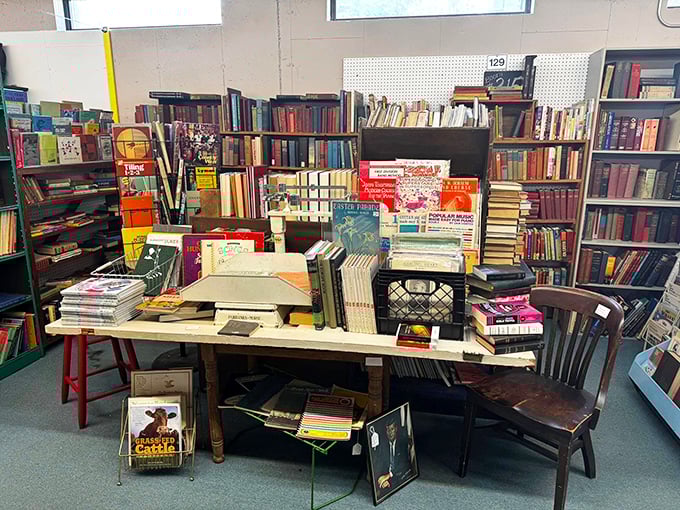 Stacks of books create literary mountains perfect for any bookworm's treasure hunt. 