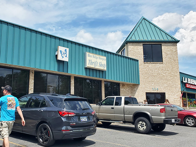 Nestled between other shops, Blue Ridge Hospice Thrift's butterfly logo promises transformation &ndash; for both items and the community they serve.