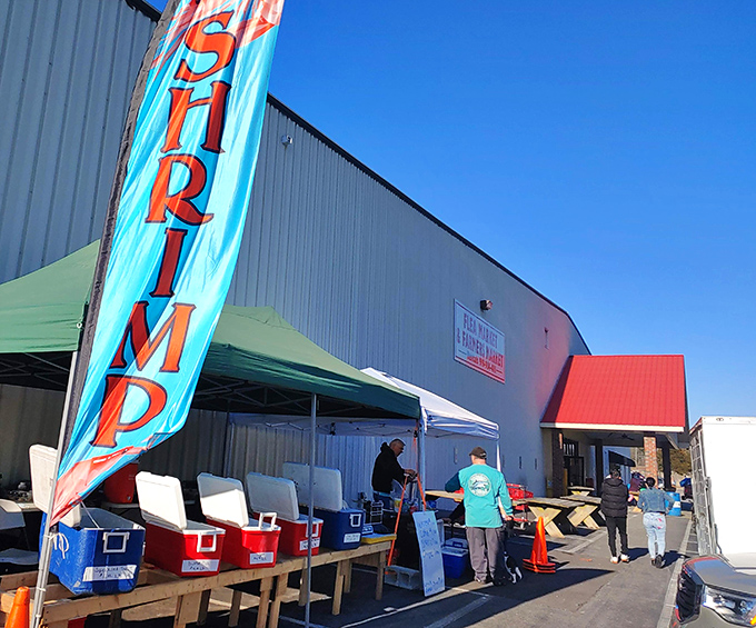 Fresh seafood and friendly faces await at Brightleaf, where the "SHRIMP" banner signals treasures of the edible variety.