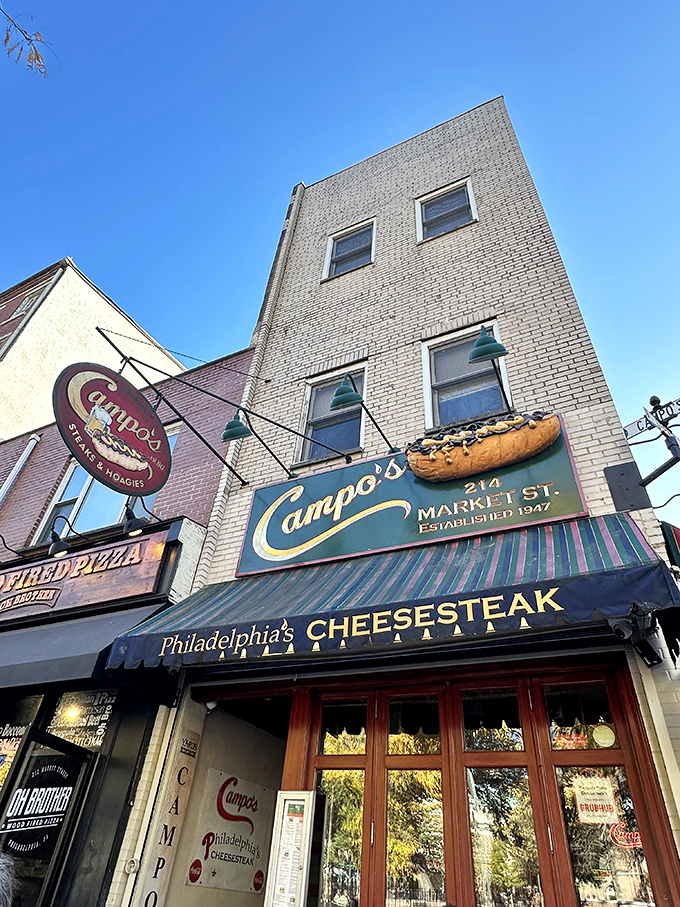 Rain-slicked streets lead to Campo's welcoming storefront—a beacon of warmth and deliciousness on a gray Philadelphia day.