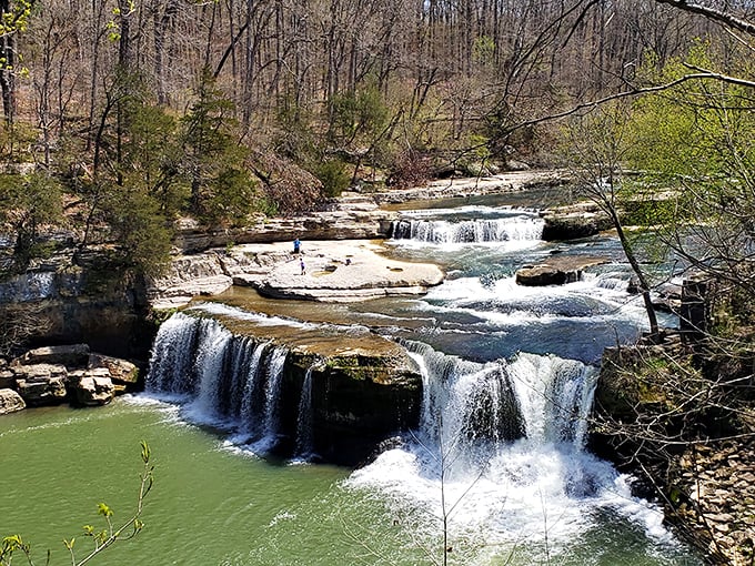 The gentle steps of Cataract Falls create nature's own staircase, each level offering a different perspective on what water can do to stone over time.