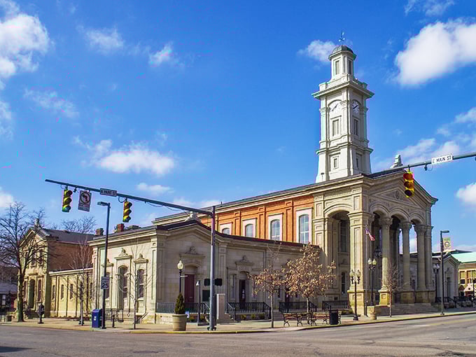 The grand courthouse stands like a dignified elder statesman watching over the town's daily comings and goings.
