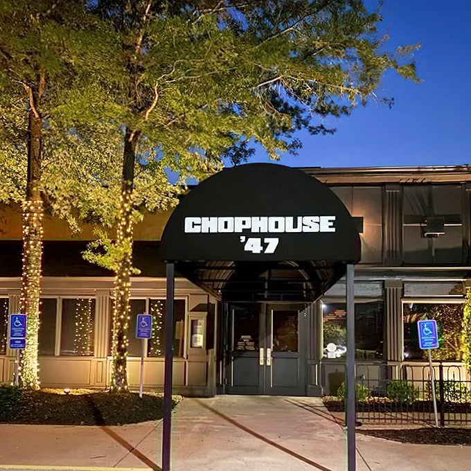 At night, Chophouse '47 transforms into a glowing temple of beef. Those twinkling lights aren't stars - they're dinner invitations.