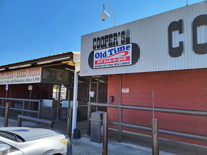 Cooper's weathered exterior tells stories of decades of perfect smoke. Home of the Big Chop and even bigger Texas hospitality.