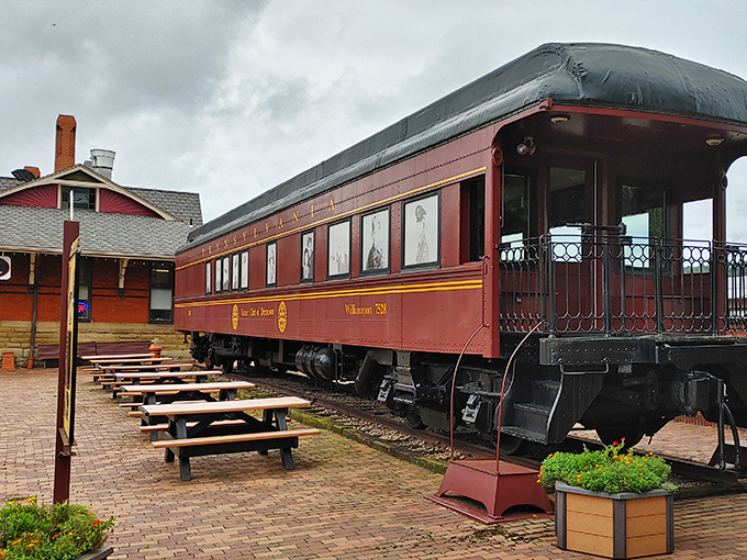 The rich burgundy of this restored Pullman car gleams in the Ohio sunshine. If these windows could talk!