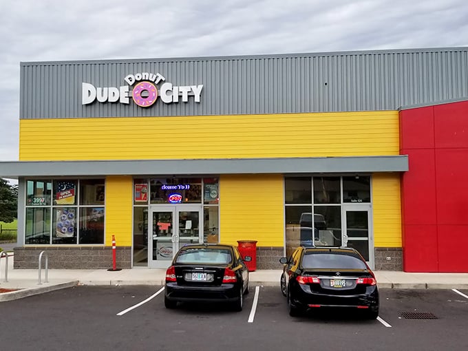 The bright yellow-and-red exterior of Dude Donut City practically shouts "Good morning!" before you've had your first bite.