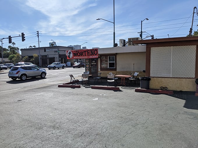 A humble exterior with outdoor seating where chimichanga dreams come true. Sometimes the best food comes from the most unassuming places.