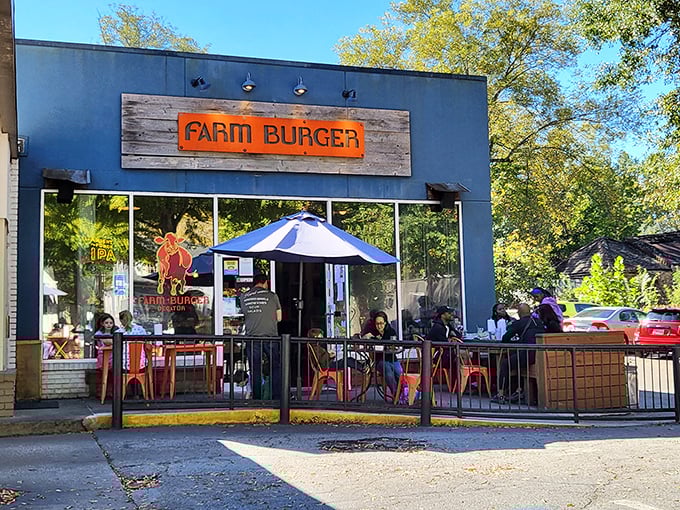 The wooden Farm Burger sign promises rustic goodness inside. Judging by the crowd, the secret's definitely out. 