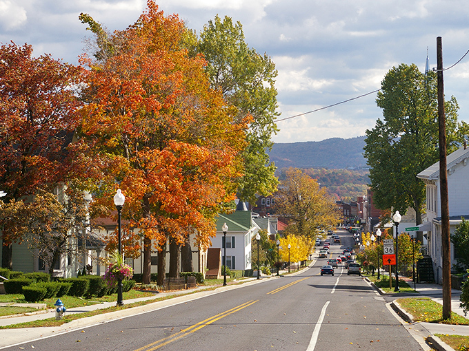 Historic brick buildings line Frostburg's streets like old friends sharing stories of simpler times. 