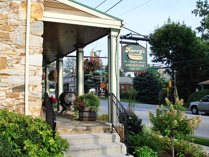 The charming entrance to Harry's, with its stone steps and hanging plants, feels like walking into your fancy friend's house &ndash; if that friend made incredible hot dogs.