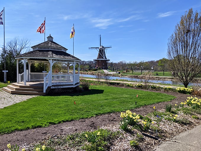 The white gazebo and tulip gardens create a picture-perfect spot for contemplation or that holiday card photo you've been planning.