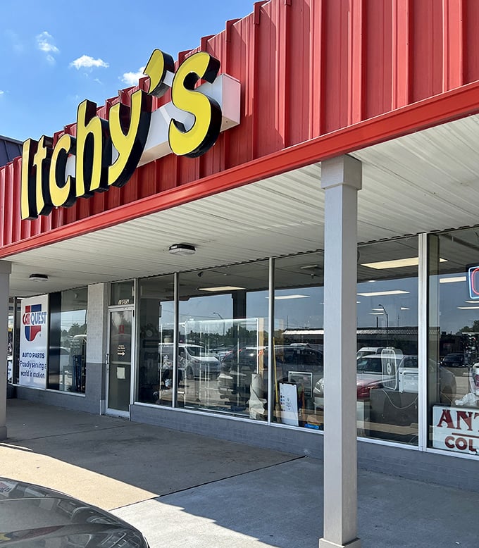 You can't miss that vibrant yellow signage! Itchy's stands out like a sunny beacon in a sea of retail conformity.