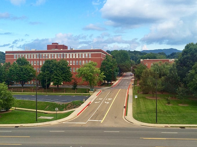 Red brick buildings stand sentinel over Johnson City's streets, housing new dreams in historic walls.