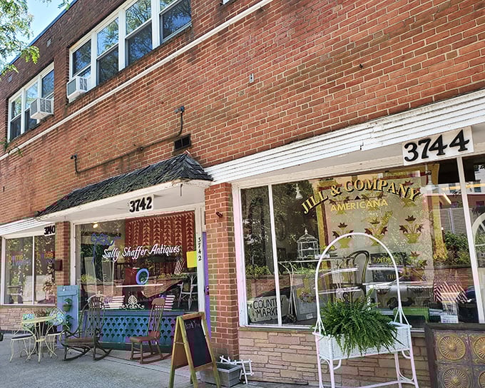 The storefronts of Kensington Antique Row create a picture-perfect shopping scene. Garden chairs invite you to rest between discoveries.