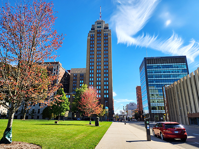 Stately government buildings meet blue Michigan skies in Lansing, where power and affordability shake hands daily.