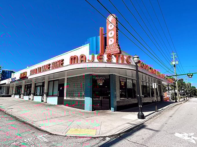 "Food to Take Home" says the Majestic's sign, though most meals never make it past the parking lot. Breakfast perfection is best enjoyed immediately.
