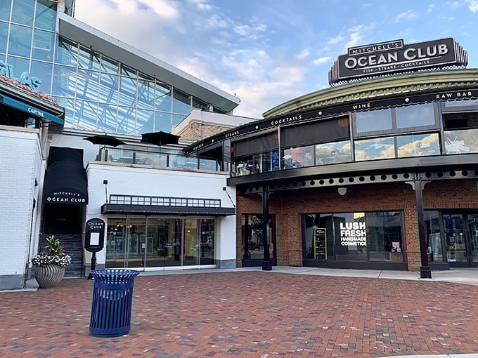 The sleek curved facade of Mitchell's houses some of Columbus's finest seafood—a hidden gem hiding in plain sight at the mall.