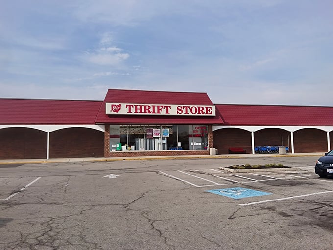Ohio Thrift's vibrant red signage against brick and beige &ndash; a siren call to savvy shoppers everywhere.