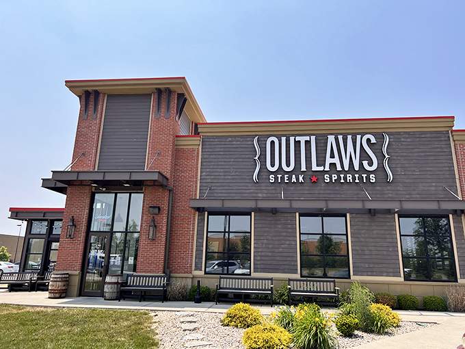 Modern meets rustic at Outlaws, where the building's design hints at the bold flavors waiting on your plate.