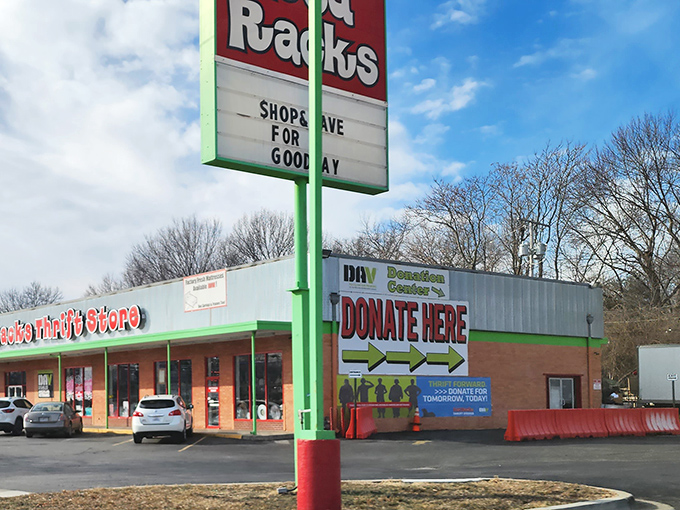 The classic thrift store strip mall setup - proof that great finds don't need fancy real estate.