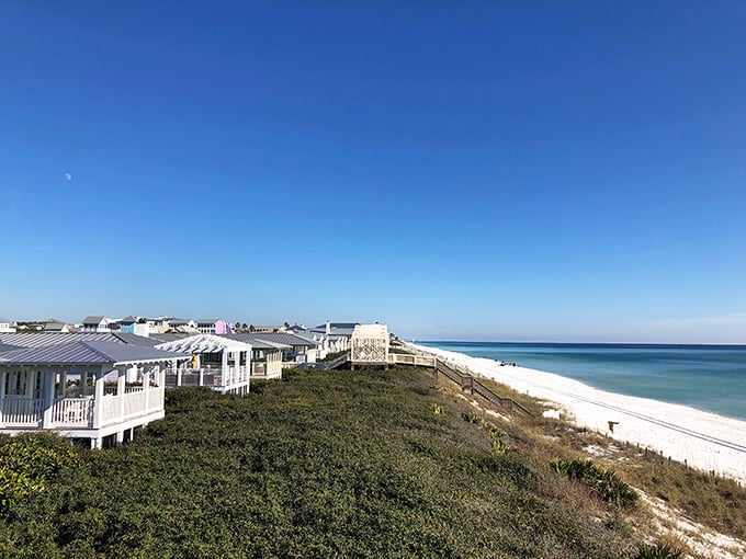 Seaside's picture-perfect coastline curves gracefully between two bodies of water. Geography showing off again.