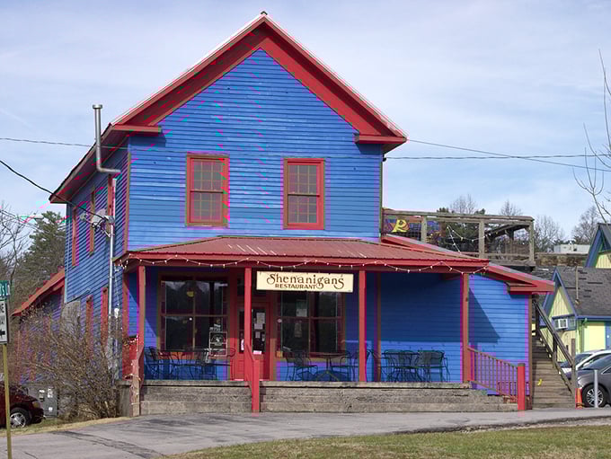 The vibrant blue of Shenanigans restaurant pops against Sewanee's landscape – a colorful personality in a town full of character.