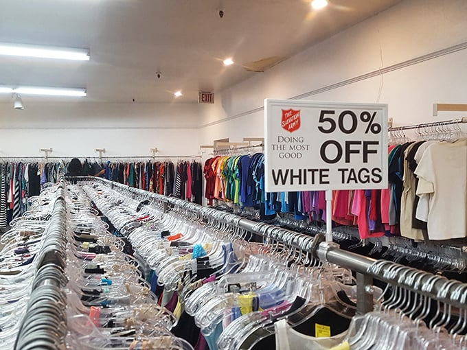 Color-coded organization meets thrift store chaos - where finding deals becomes an art form worth mastering. 