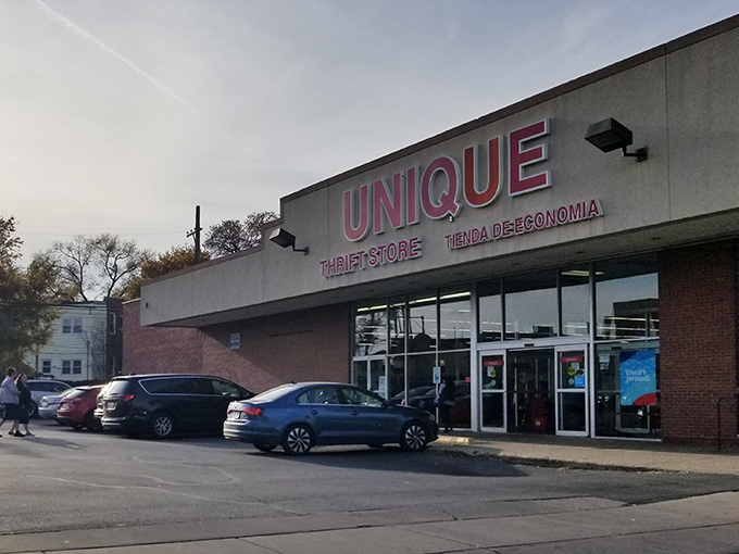 Morning light illuminates Unique Thrift Store's welcoming entrance. The hunt for hidden gems begins here!