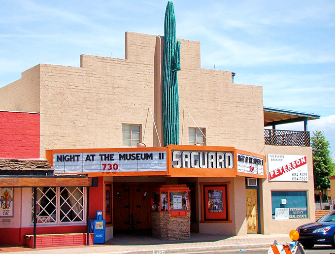 The heart of Wickenburg curves gently with the road, its western buildings standing sentinel against the backdrop of desert hills.