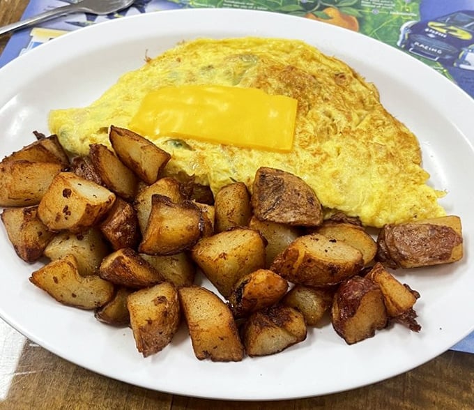 This isn't just an omelet&mdash;it's a fluffy yellow canvas painted with melted cheese and paired with potatoes crisped to golden perfection.