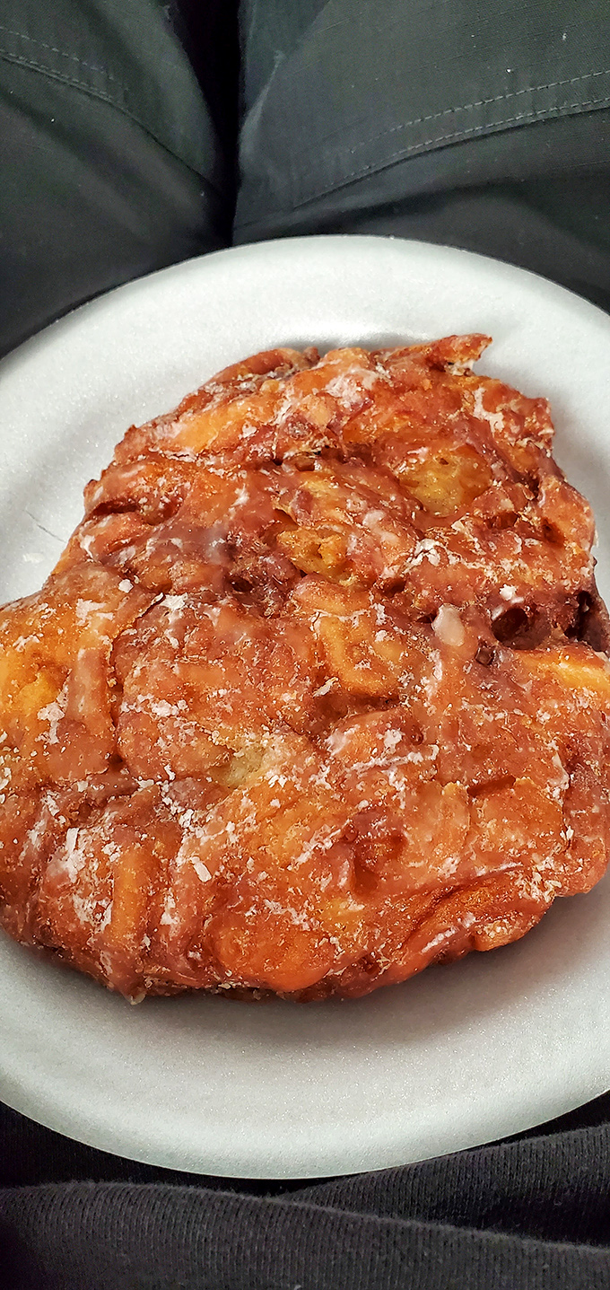 The apple fritter: nature's way of suggesting that sometimes chaos is delicious. Each craggy peak and valley holds pockets of cinnamon-apple bliss.