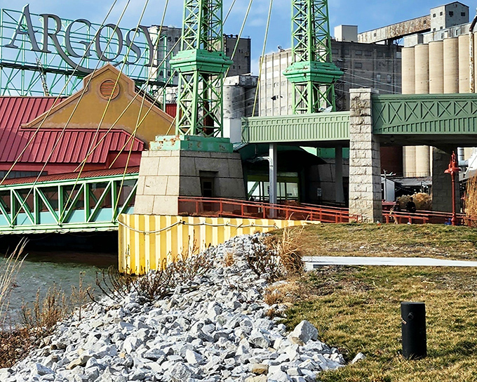 Industrial heritage meets modern convenience where the mighty Mississippi keeps flowing past.