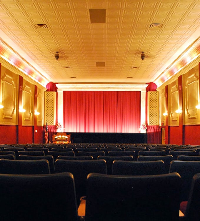 Empty before showtime, the auditorium reveals its true character&mdash;ornate wall panels, plush red seats, and that magnificent curtain promising cinematic escape.