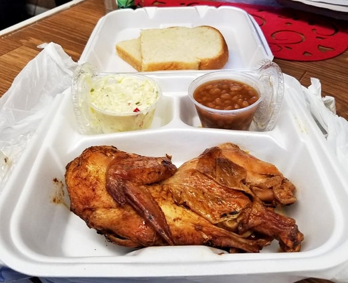 Golden-brown chicken that's traveled through smoke and fire to reach barbecue nirvana. The sides are just along for the delicious ride.