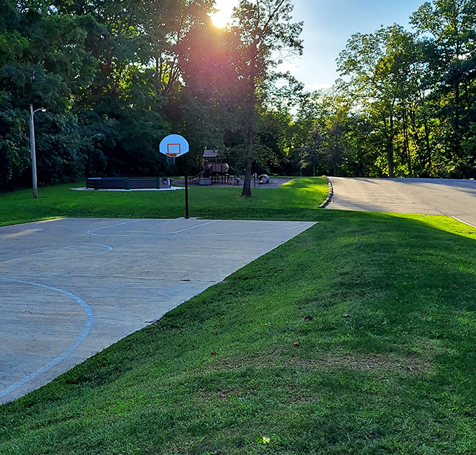 Even basketball feels different here, where jump shots happen against a backdrop of towering trees instead of urban concrete.