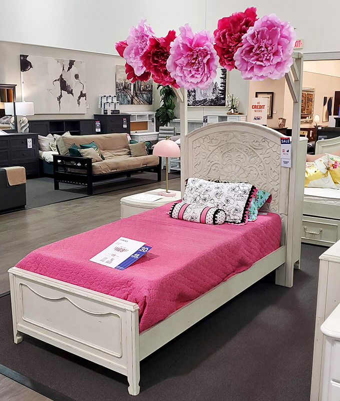 Bedroom furniture that combines style with savings. Pink bedding so vibrant it practically guarantees cheerful morning wake-ups.