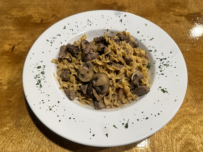 Beef stroganoff that would make your grandmother both jealous and proud, with mushrooms that clearly lived their best life.