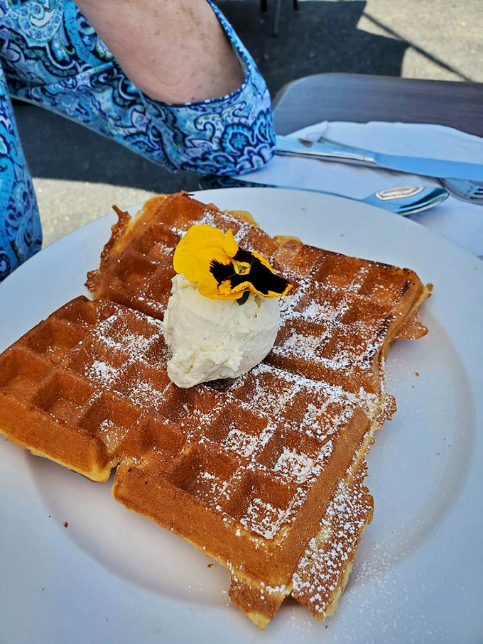 The Belgian waffle arrives like a dessert in disguise, wearing powdered sugar and a jaunty edible flower&mdash;breakfast's way of saying "life's too short for boring food."