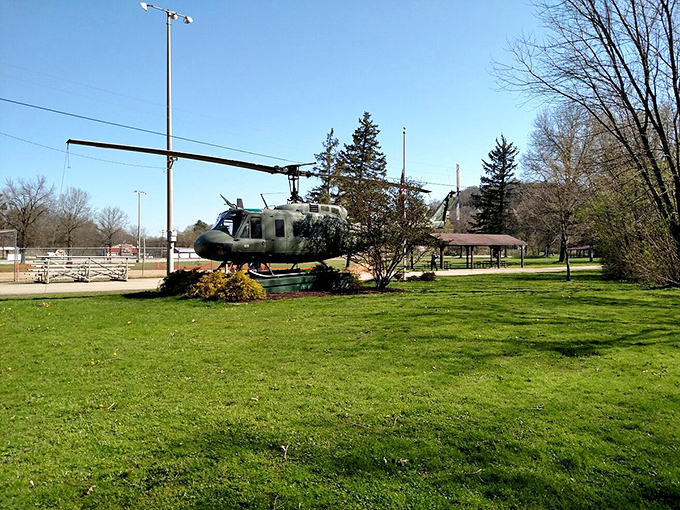 This preserved military helicopter serves as both memorial and playground for the imagination. Every kid's field trip favorite and every veteran's moment of reflection.