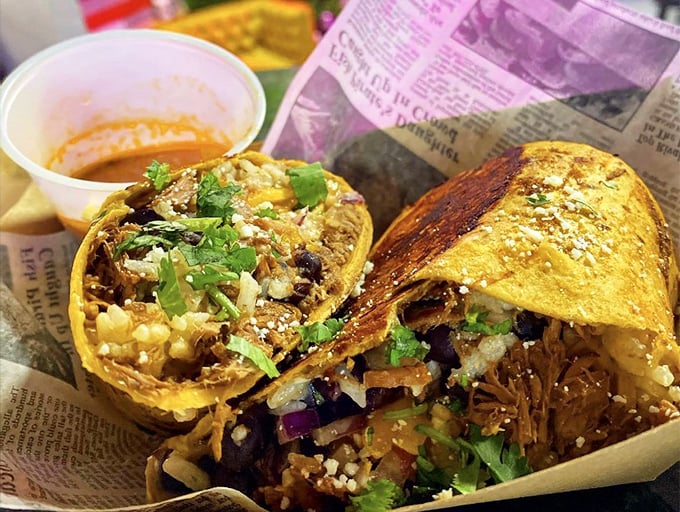 A burrito that's had its passport stamped. Packed with tender meat, fresh cilantro, and a sprinkle of cotija cheese, it's a handheld vacation for your taste buds.