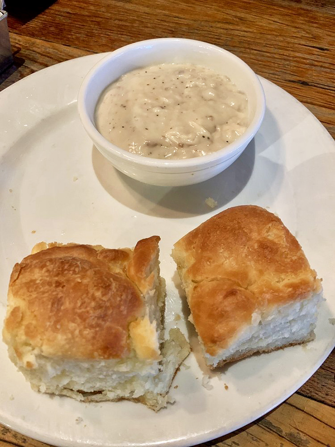 Southern comfort in its purest form&mdash;cloud-like biscuits ready to dive into a creamy pool of pepper-speckled gravy. Grandma would approve.