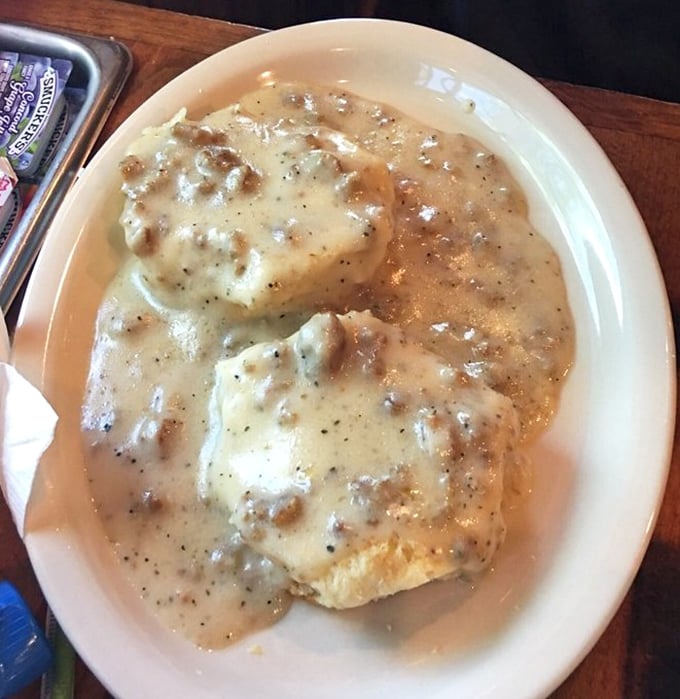 Biscuits drowning happily in gravy so rich and peppery, you'll want to write home about it&mdash;if you can lift your fork.