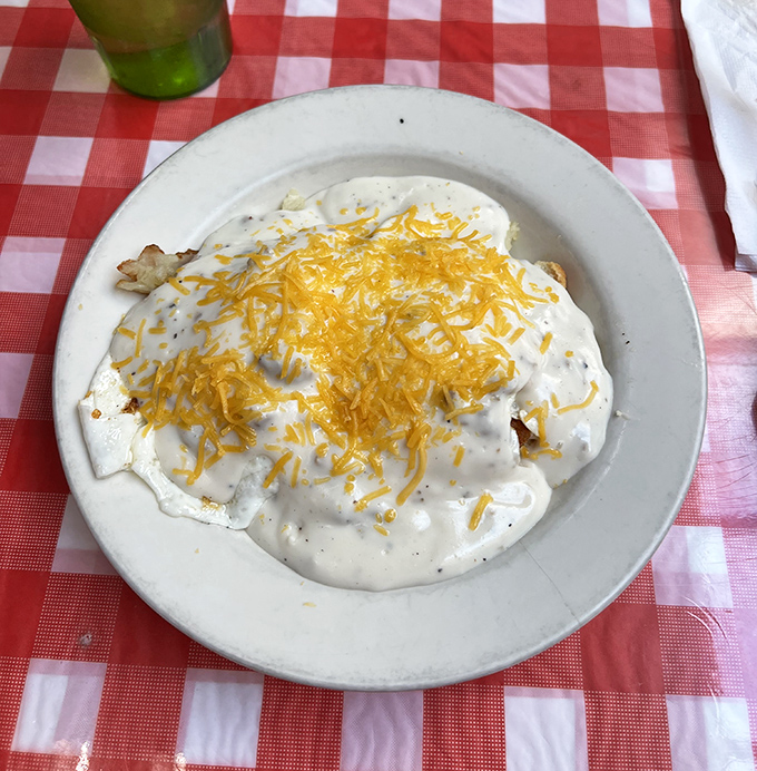 Biscuits and gravy—the ultimate comfort food currency in Ohio. That melted cheddar crown turns this plate into breakfast royalty worth getting out of bed for.