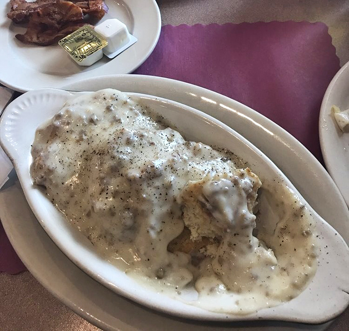 Biscuits and gravy so creamy and peppery, you'll be tempted to ask if they've hired someone's grandmother as a secret weapon in the kitchen.